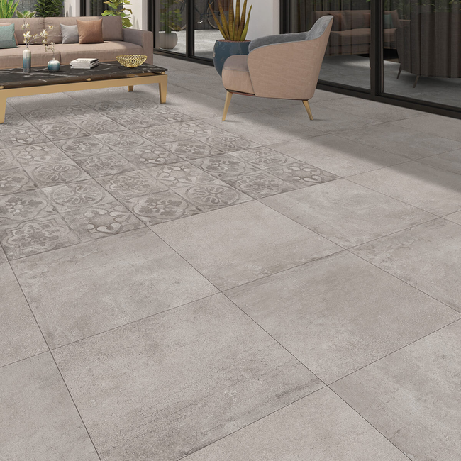 Portobello Grey Decor Porcelain Paving Slabs 60x60cm | StoneSuperstore