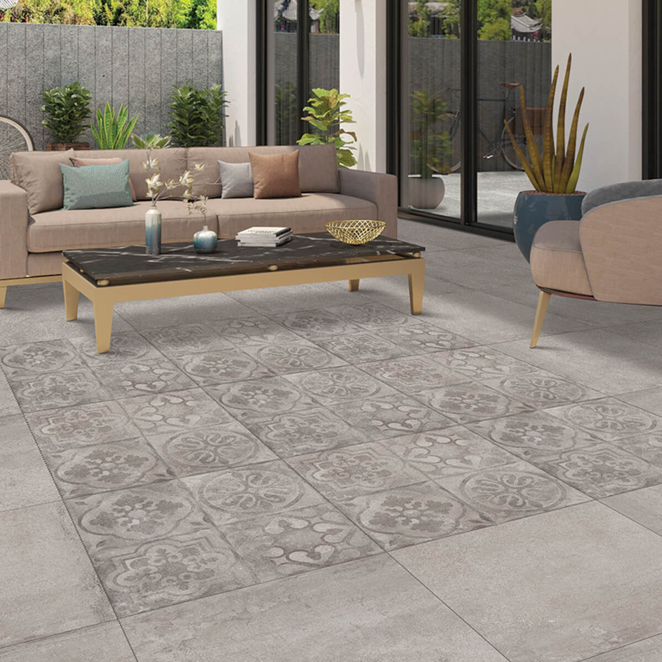 Portobello Grey Decor Porcelain Paving Slabs 60x60cm | StoneSuperstore