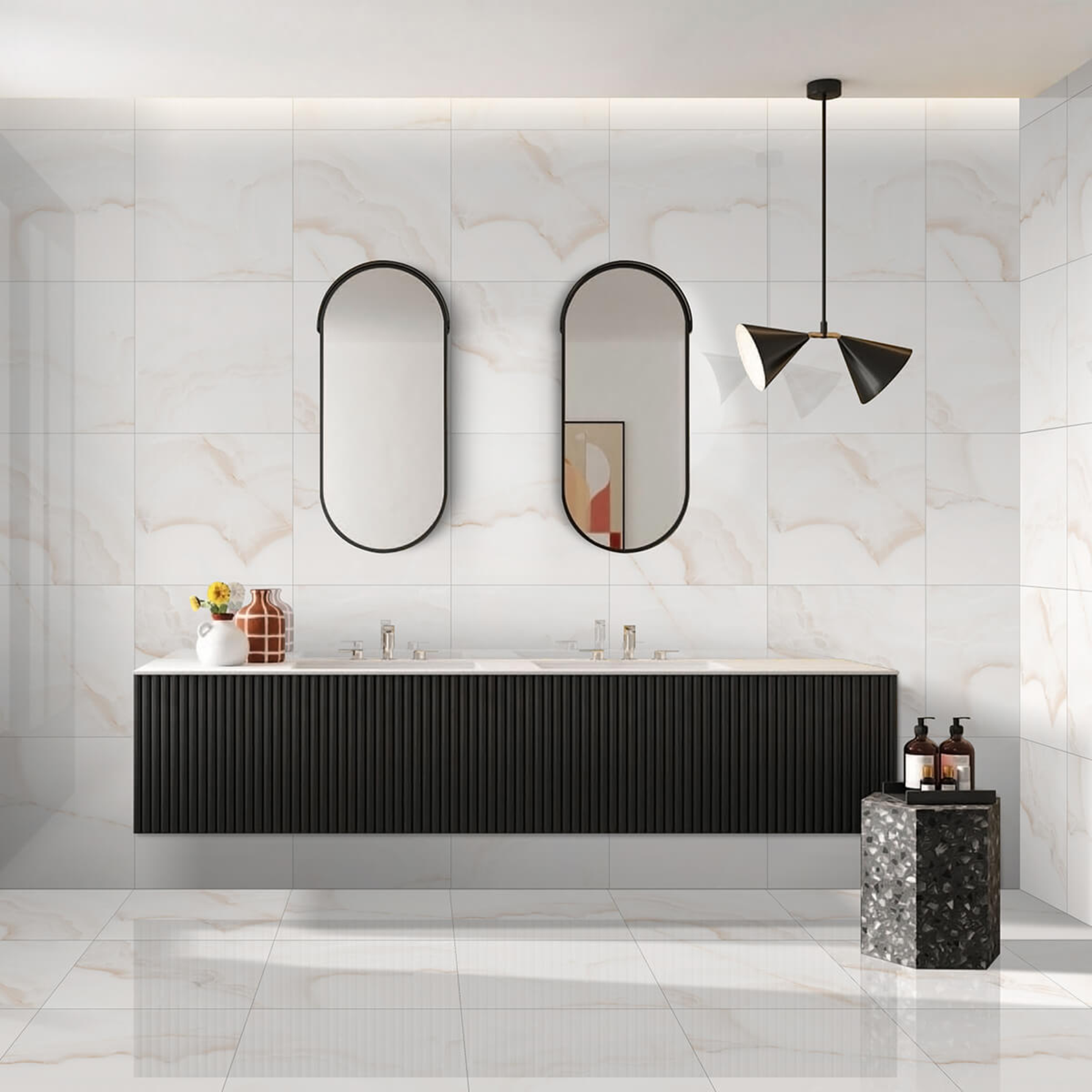 Onyx White Polished Marble Effect Porcelain Tiles | StoneSuperstore