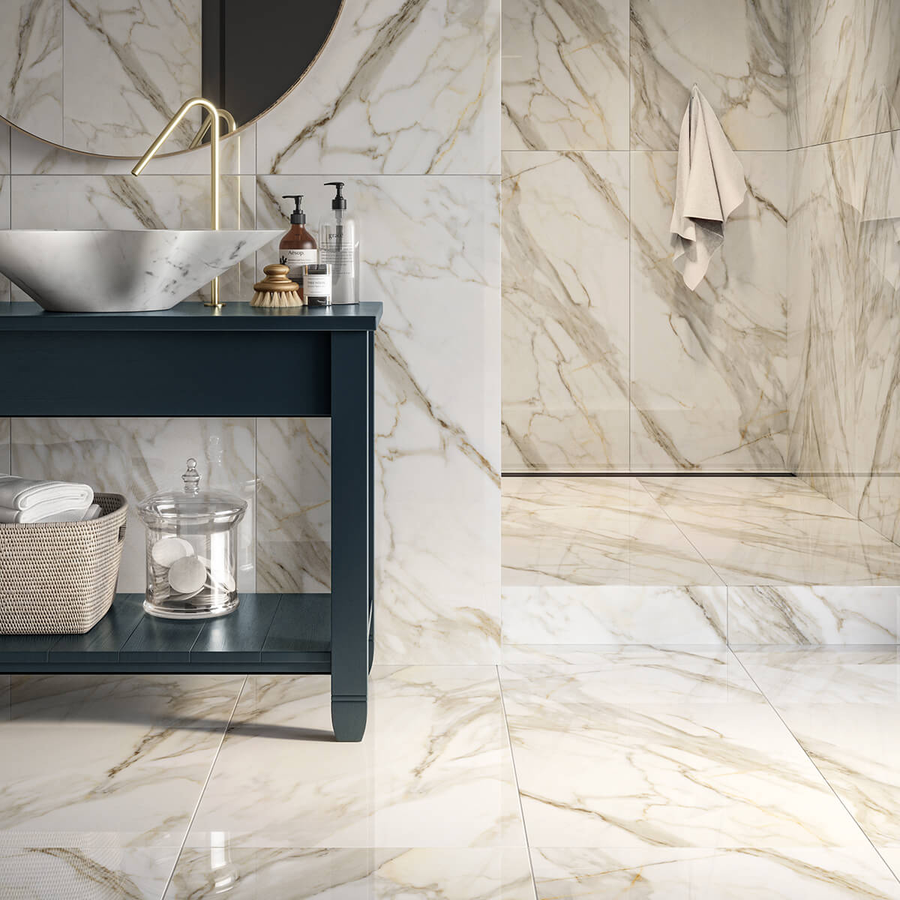 Celine Ceppo Pearl White Marble Effect Porcelain Tiles | StoneSuperstore