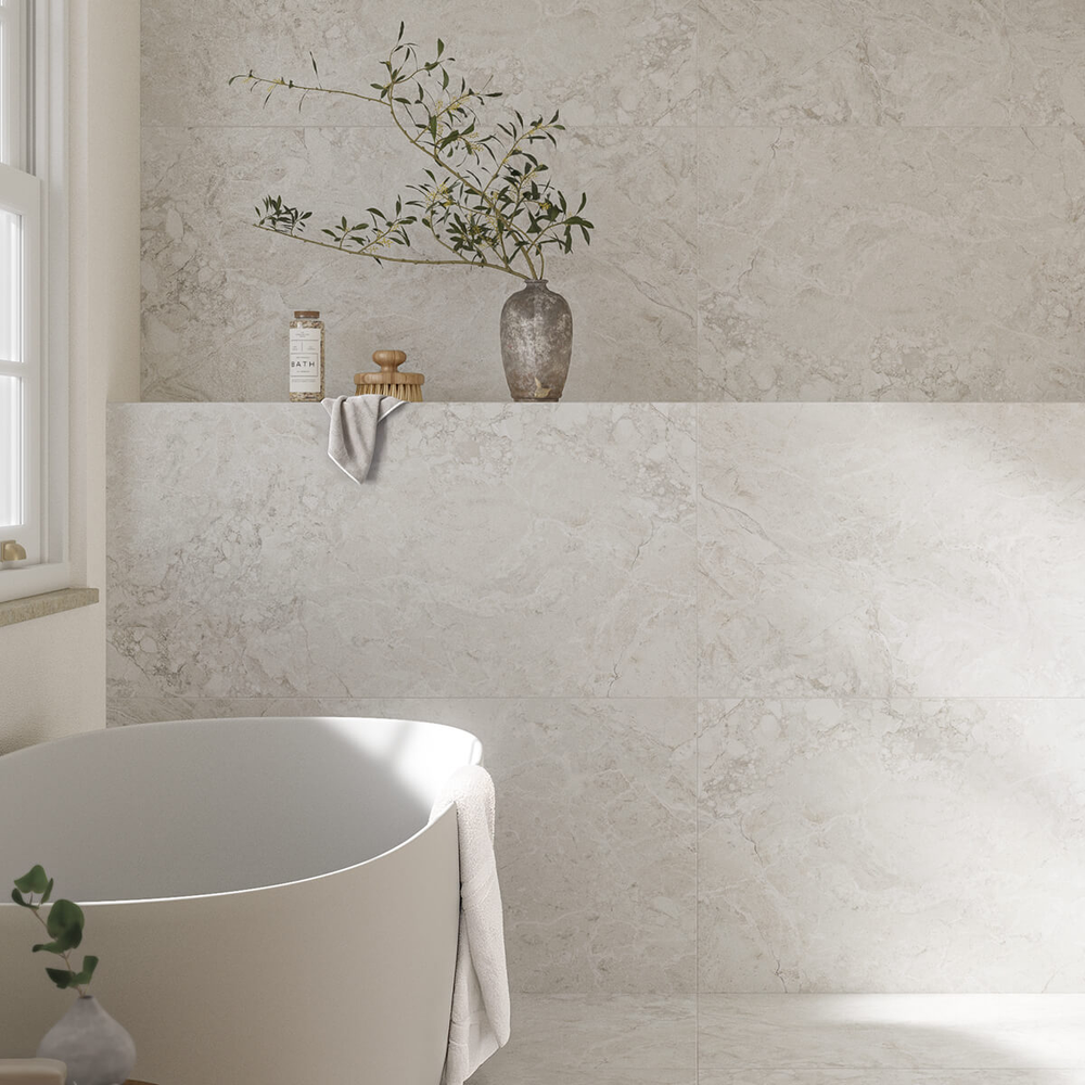 Celine Ceppo Pearl White Marble Effect Porcelain Tiles | StoneSuperstore