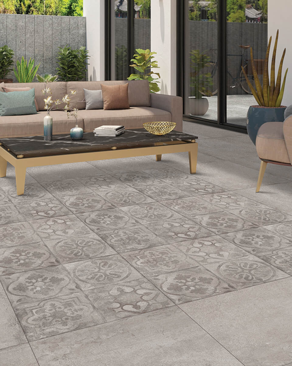 Portobello Grey Decor Porcelain Paving Slabs 60x60cm | Stone Store